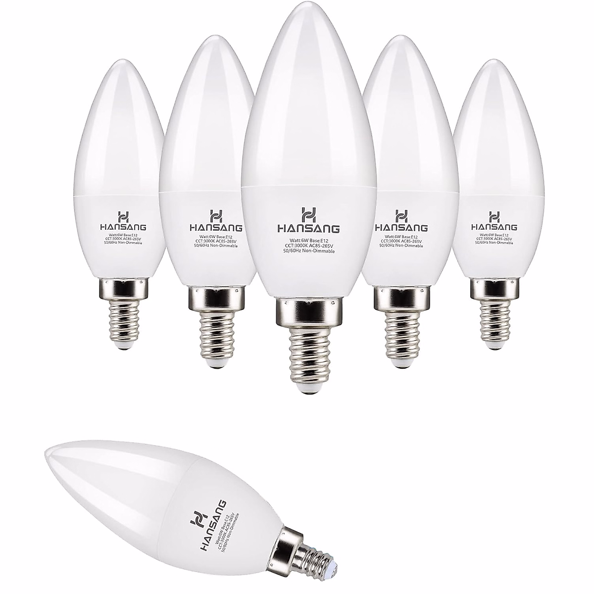hansang E12 LED Candelabra Bulbs 3000K Soft White 6W 60Watt Equivalent, B11 Ceiling Fan Light Bulbs Small Base, C37 Type B Light Bulb for Chandelier, 600 Lumen, Non-dimmable, 6 Pack