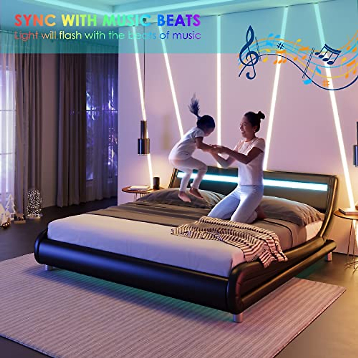 Keyluv Queen Upholstered Smart LED Bed Frame with Headboard, Durable Sleigh Low Profile Platform Bed, Color Changing with Music, App Control, Smart Bedroom Series, Black