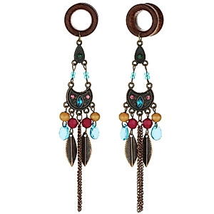 00G 10mm Bohemia Beads Owl Tassel Wood Dangle Ear Gauges Piercing Flesh Tunnels Plugs Statement Earrings