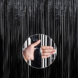 PartyWoo Foil Curtain Black, 2 pcs 3.3x6.6 ft Tinsel Curtains for Birthday Wedding Party Photo Backdrop