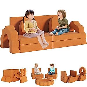 MAMIZO 10pcs Modular Kids Play Couch, Child Sectional Sofa, Nugget Couch Large Size, Toddlers Floor Sofa W/Suede Cover, Convertible Foam Cushion Couch for Playroom Creative Boy Girl (Orange)