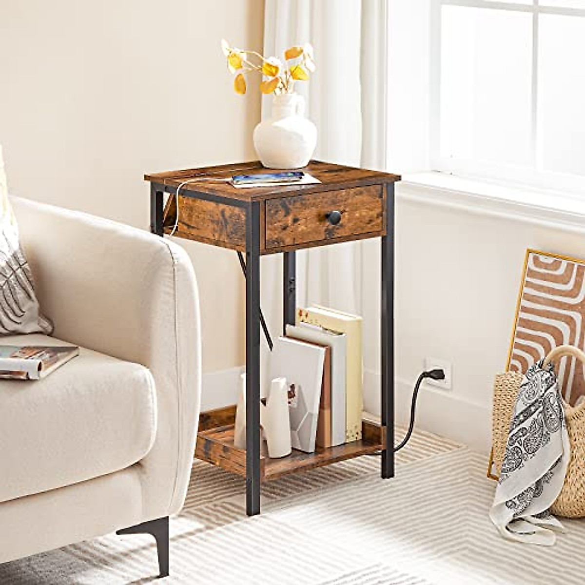 HOOBRO Nightstand with Charging Station, Tall Side Table, End Table with Drawer and Storage Shelf, Industrial End Telephone Table, for Study, Bedroom, Space Saving, Rustic Brown and Black BF71UBZ01
