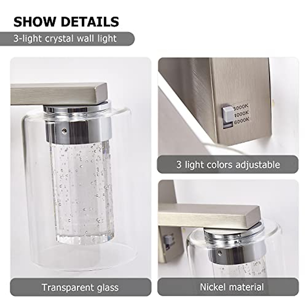 SADENICEL Brushed Nickel Vanity Lights, 3-Light Bathroom Light Fixtures, Crystal LED Bathroom Lights Dimmable White/Neutral/Warm Light with Clear Glass Shade for Bathroom Bedroom Hallway Lighting