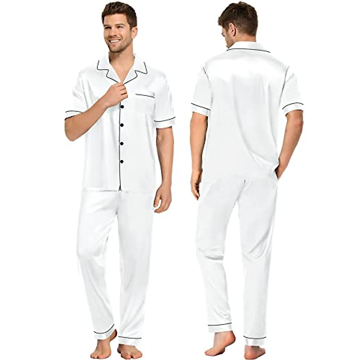 SWOMOG Women Satin Pjs Short Sleeve Silk Two-Piece- Sleepwear Classic Button-Down Casual Loose Pajama Set for Women White