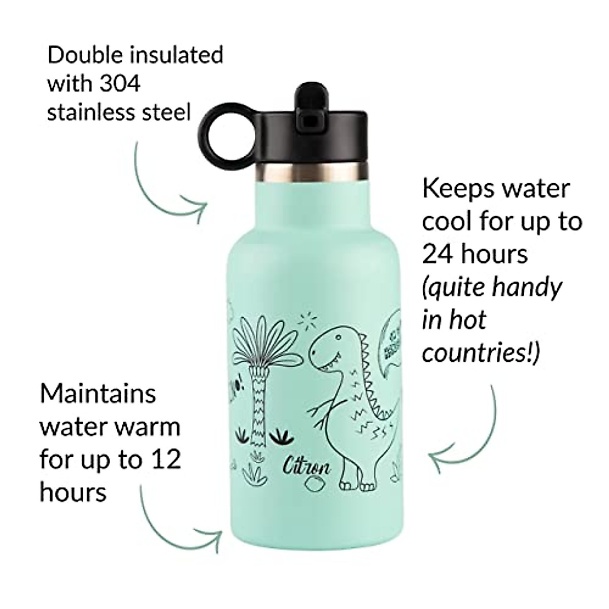 Citron - Stainless Steel Water Bottles, Insulated Metal Water Bottle- 12oz Thermal Water Bottle (Dino)