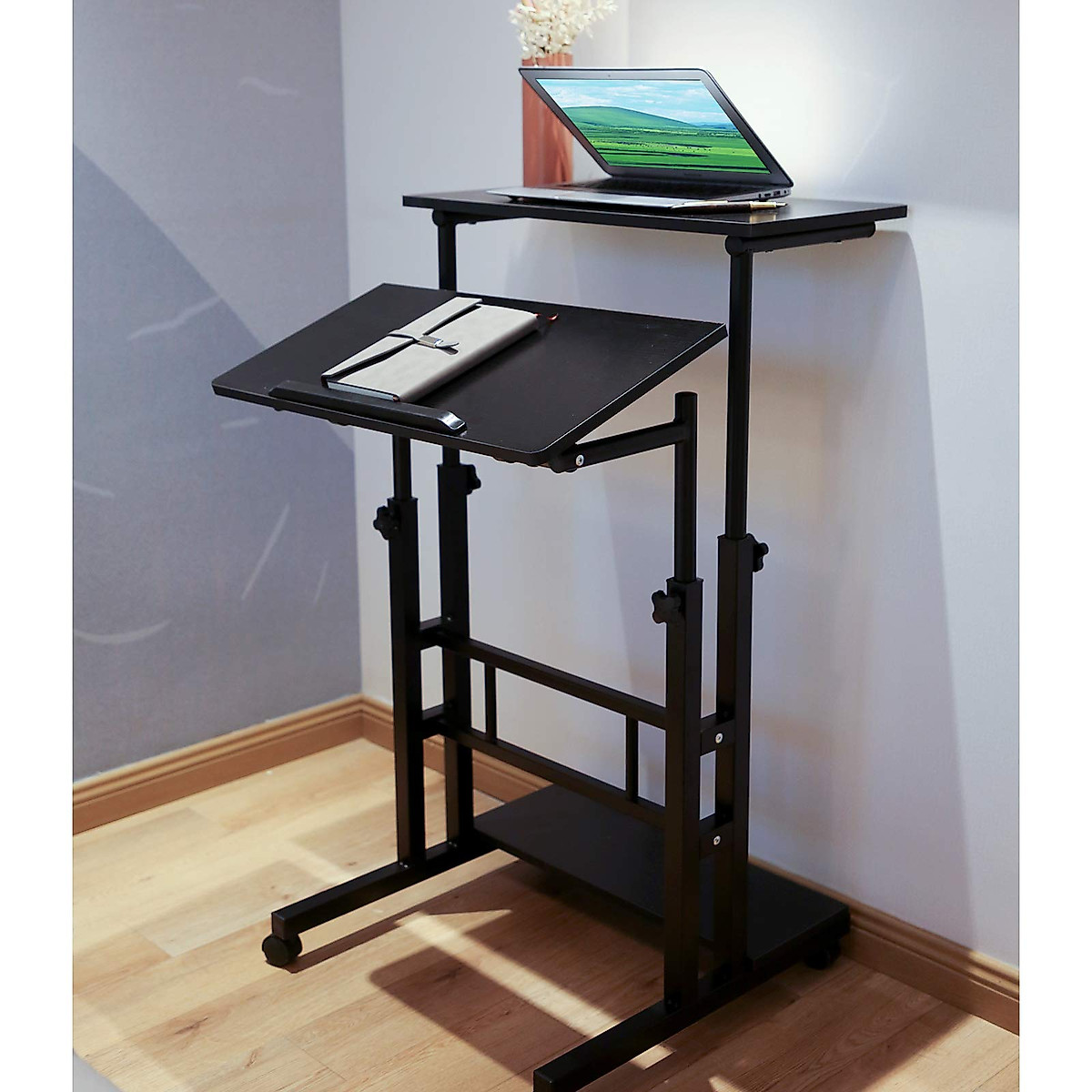 Zytty Small Standing Desk, Portable Standing Desk with Wheels Standing Laptop Desk Mobile Standing Desk for Home Office Adjustable Standing Desk, Stand Up Computer Desk Rolling Laptop Cart, Black