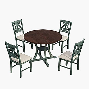 YUNLife&Home 5 Piece Kitchen and Dining Furniture Set,Round Table and Fabric Special-Shaped Legs & Exquisitely Designed Hollow Chairs Backn for Living Room/Breakfast Nook/Dinette, Antique Blue
