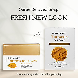 Olivia Care Turmeric Bar Soap -Natural, Vegan & Organic - For Face & Body Exfoliate, Hydrate, Moisturize & Deep Clean - Triple-Milled - Infused with Antioxidants - 8 OZ