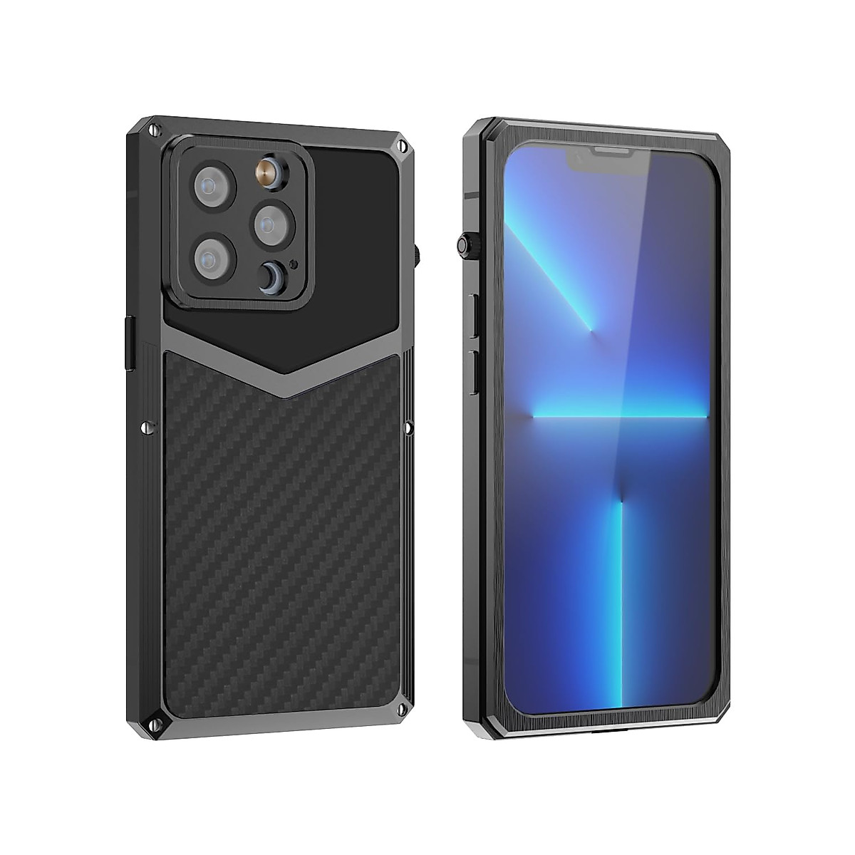 HUALIMEI Luxury Case for iPhone 13 Pro Max 6.7", Carbon Fiber Aluminum Phone Cover, Military Protective Armor with Tempered Glass Screen Protector Full Body Heavy Duty Shockproof Protection for Men