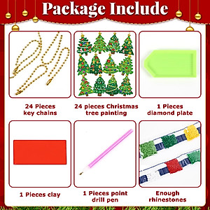 24 Pcs Christmas Diamond Painting Keychains Christmas Tree 5D Art Ornaments Kit Xmas Full Drill DIY Keyring Holiday Double Sided Diamond Craft Pendant for Kids Family Home Classroom Winter Party Decor