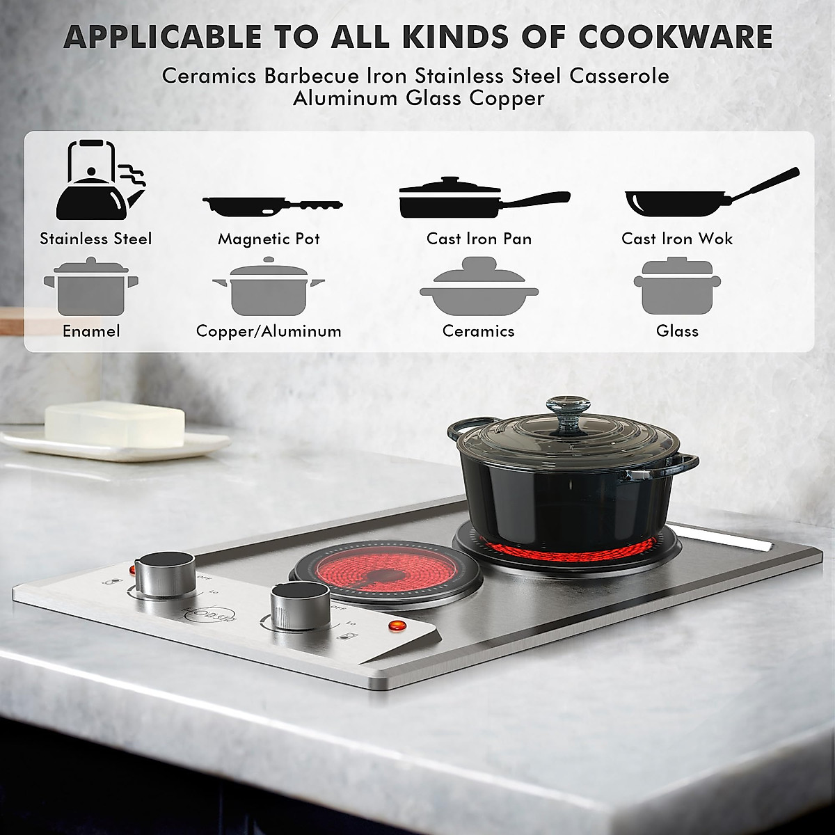 2 Burner Electric Cooktop 110v, Plug in Stainless Steel Electric Stove Top 12 inch Knob Control Countertop & Built-in Radiant Electric Stove with Residual Heat Indicator, Over-Temperature Protection