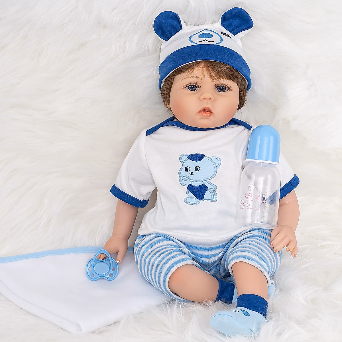ENADOLL Reborn Baby Doll Realistic Silicone Vinyl Newborn Baby Boy 24 inch Weighted Cotton Body Lifelike Doll Gift Set for Ages 3+(Blue Bear)