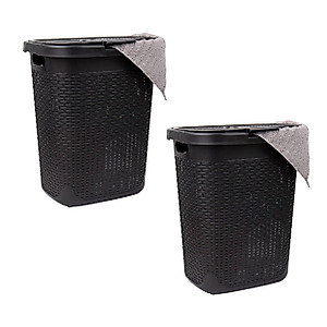 Mind Reader 50L Slim Laundry Hamper, Set of 2, Clothes Basket, Lid, Wicker Design, Plastic, 17.65"L x 13.75"W x 21"H, Black
