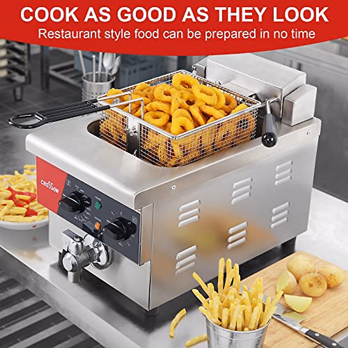 CROSSON 6L Electric Countertop Deep Fryer Extra Large with Drain,Timer,Basket and Lid for Restaurant Use 120V,1800W Commercial Deep Fryers