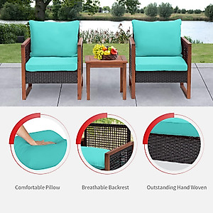 FDW 3-Piece Patio Bistro Set Acacia Wood Outdoor Chat Conversation Table Chair Set Outdoor Wood Chat Set with Water Resistant Cushions and Coffee Table for Beach Backyard Garden,Blue Cushion