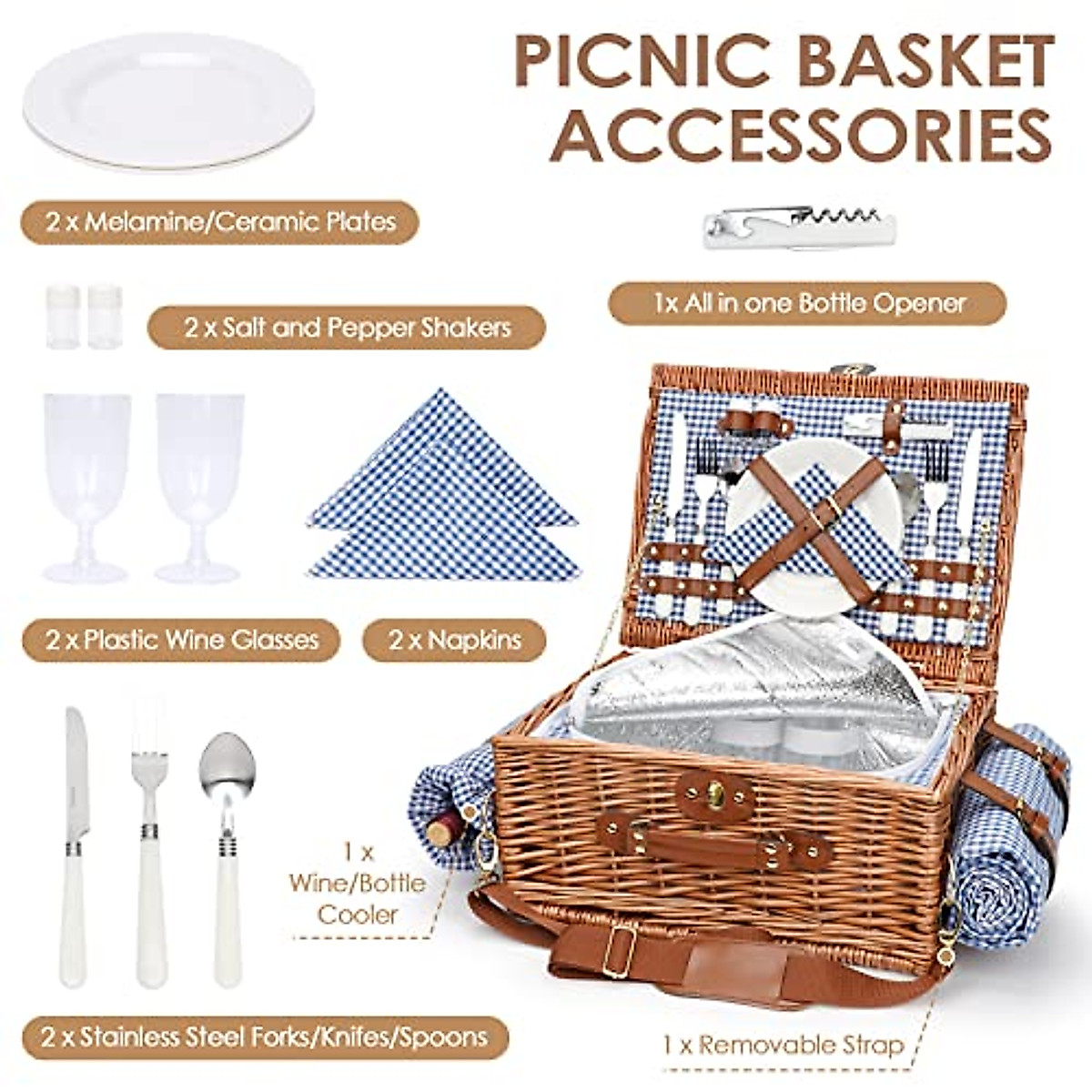 Picnic Baskets for 2, Picnic Basket with Waterproof Blanket, Picnic Basket Set with Washable Beach Mat & Large Insulated Cooler Compartment, Handmade Natural Wicker Hamper for Camping, Outdoor Party