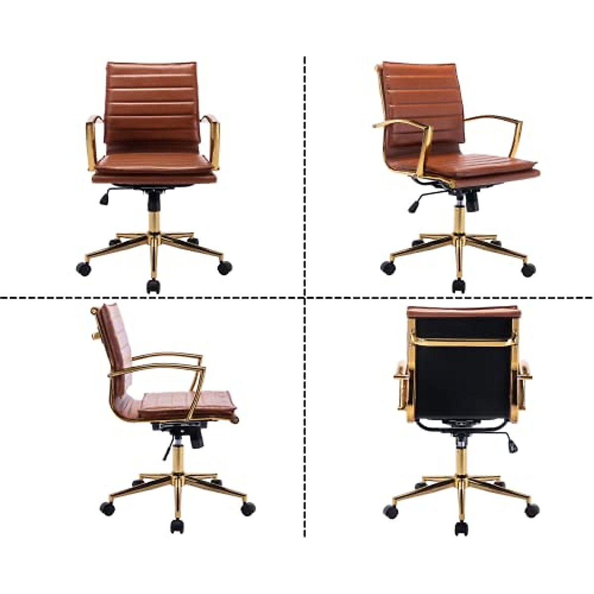 Shunzhi Leather Desk Chair with Armrest PU Leather Office Chair Midback Adjustable Home Computer Executive Chair Swivel Conference Task Chair Managers Chair with Chrome Base, Brown and Gold