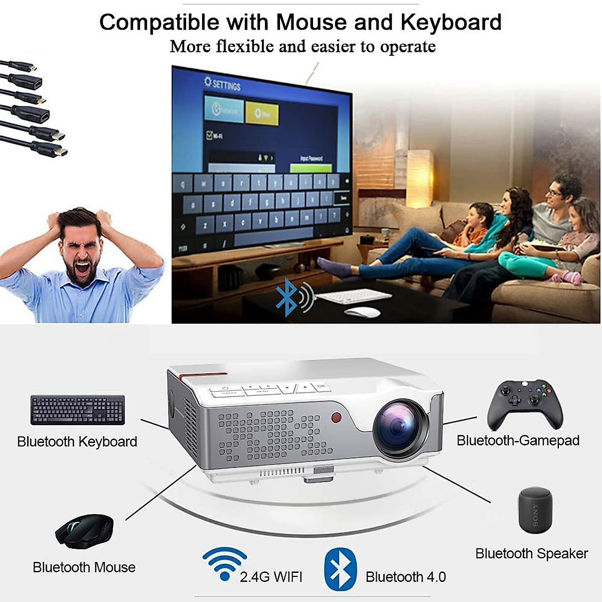 1080 Native Projector 6000 Lumen, Full HD Android Projector with WiFi Bluetooth, 300" Max Image, Side Projection & 4D Keystone Correction, Screen Mirroring / Casting, Compatible Smartphone TV Sticks