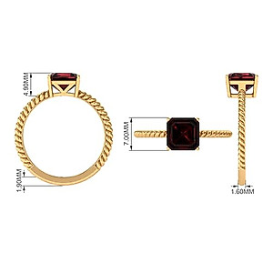 Real Garnet Solitaire Twisted Rope Ring for Women (8 MM Asscher, AAA Quality, January Birthstone Jewelry), 14K Yellow Gold, Size:US 6.50
