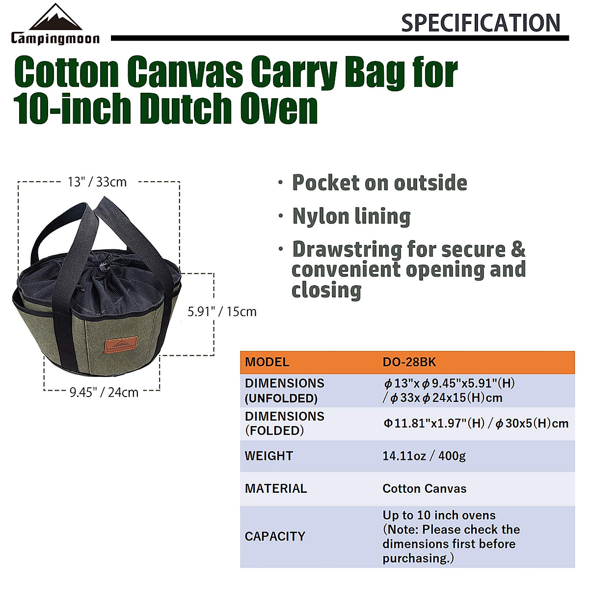 CAMPINGMOON Canvas Carry Bag for 10-inch Dutch Oven DO-28BK