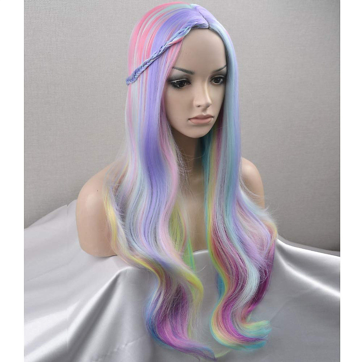 RightOn Rainbow Wig Long Curly Wig Multi-Color Wig Charming Full Wigs for Cosplay Girls Party or Daily Use Wig Cap Included