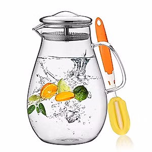 Hiware 64 Ounces Glass Pitcher with Lid/Water Pitcher with Handle - Good Beverage Carafe Pitcher for Juice, Milk, Beverage, Hot/Cold Water & Iced Tea, Cleaning Brush Included
