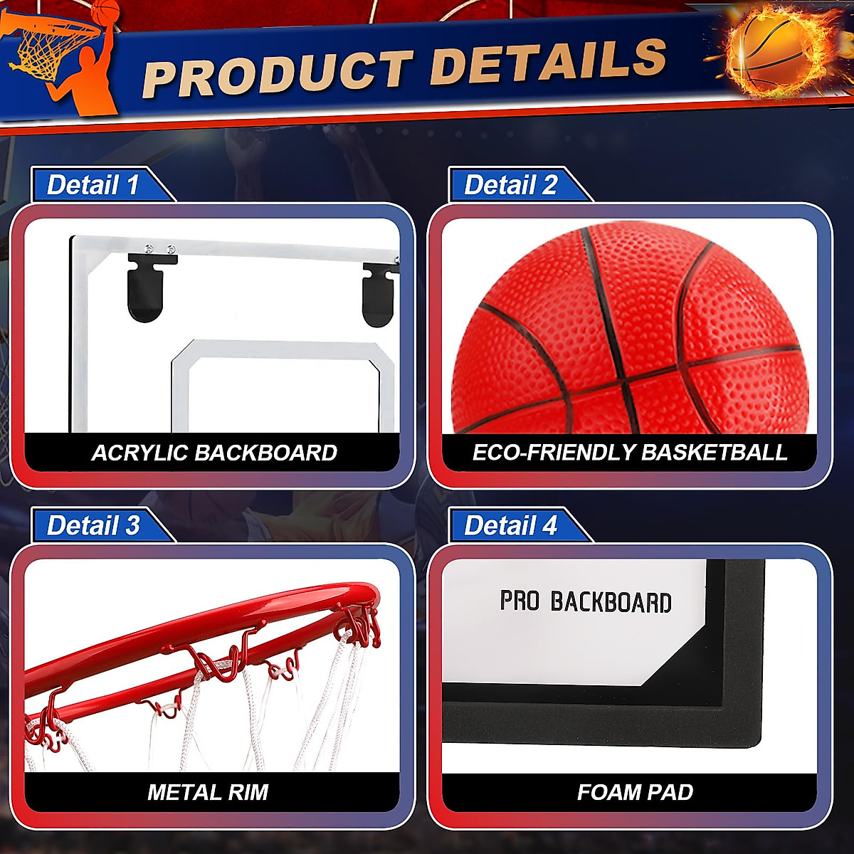 Mini Indoor Basketball Hoop for Door, Over Door Basketball Hoop for Kids Adults with Large 9 Inch Dunk Rim 4 Mini Replacement 6" Basketballs Sport Game Gift for 6 7 8 9 10 11 12 Years (15.8"x11.7")