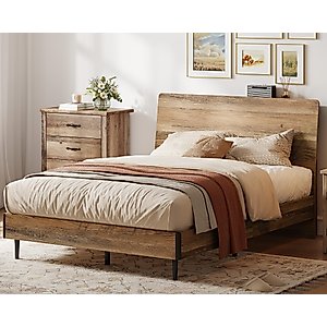 LINSY Queen Wood Bed Frame with Ergonomic Headboard, Bed Frame Queen with Storage Shelf, Noise-Free, No Box Spring Needed - Brown
