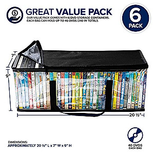 Stock Your Home DVD Storage Bags (Set of 6) Media Organizer Bag for DVDs, CDs, Blu Ray Disc, Movie Cases, VHS Box, Video Game Disks, Clear Plastic Holders with Carrying Handles and Zipper - Black