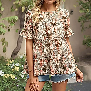 Women's Fashion Casual Summer V Neck Prints Stitching Short Sleeve Loose T Shirt Top Khaki