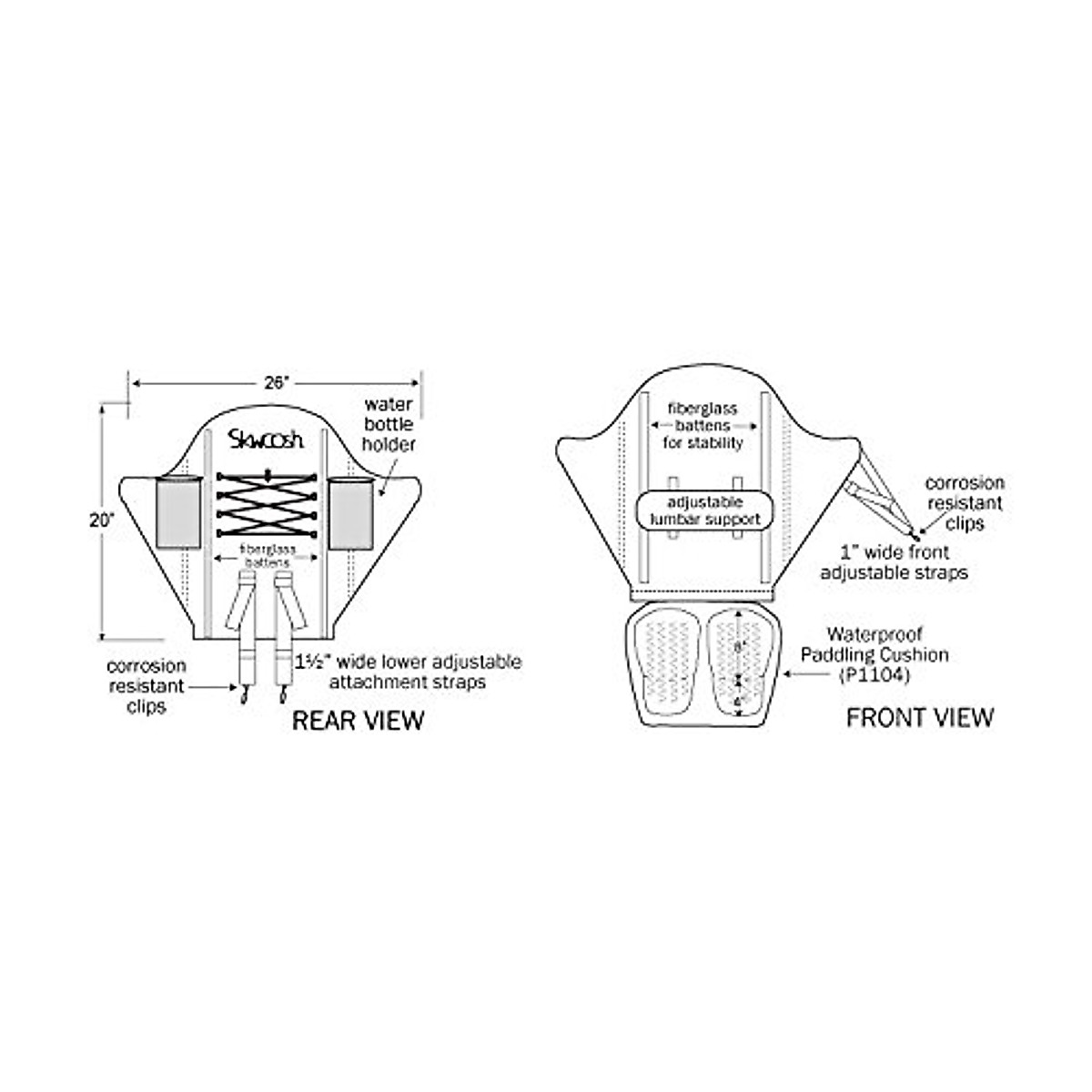 Expedition Kayak Seat 20" High Back Support with Lumbar Roll and nylon gel seat bottom for kayaking comfort