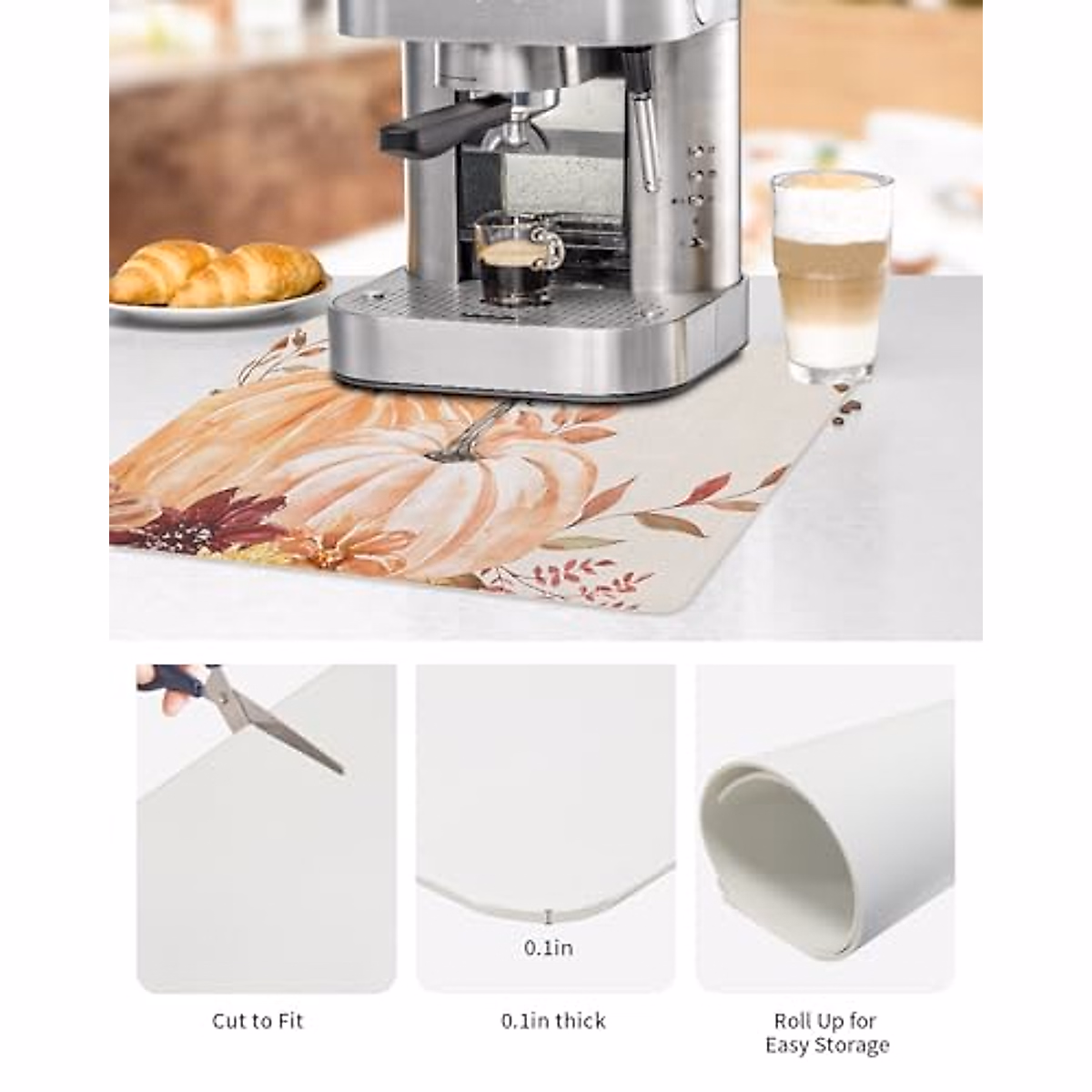 Thanksgiving Pink Orange Pumpkin Coffee Mat Coffee Maker Mat,Super Absorbent Coffee Bar Accessories,Watercolor Flower Leaves on Linen Non-slip Coffee Station Mat Dish Drying Pad,18x28in