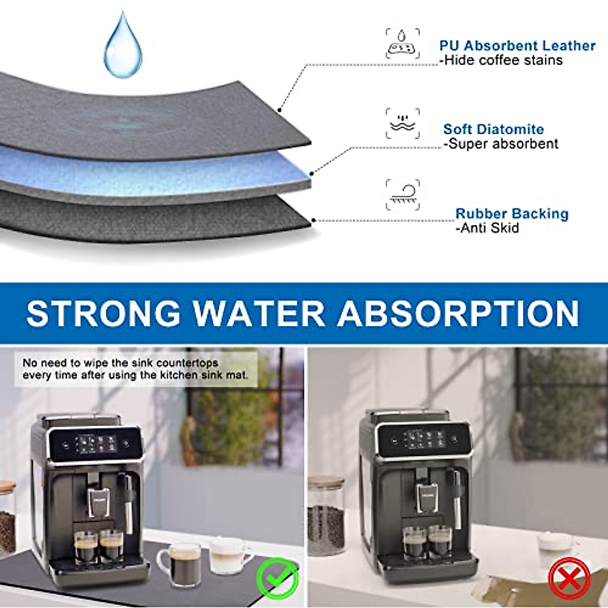 Coffee Mat Hide Stain Rubber ,Coffee Maker Mat for Countertops, Absorbent Coffee Bar Mat for Kitchen Counter,Coffee Bar Accessories Under Appliance Mats,Drying Mat for Kitchen Counter Gray (16*24 IN)