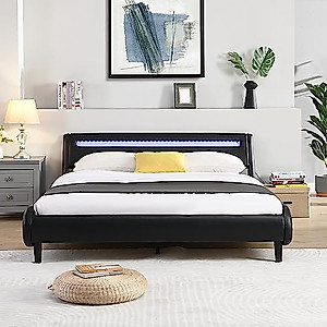 AnwickNomo Upholstered Platform Bed Frame with LED Lights Headboard, Faux Leather Wave-Like Bed Frame with Strong Wood Slats Support, Easy Assembly, No Box Spring Needed, Black (Full)