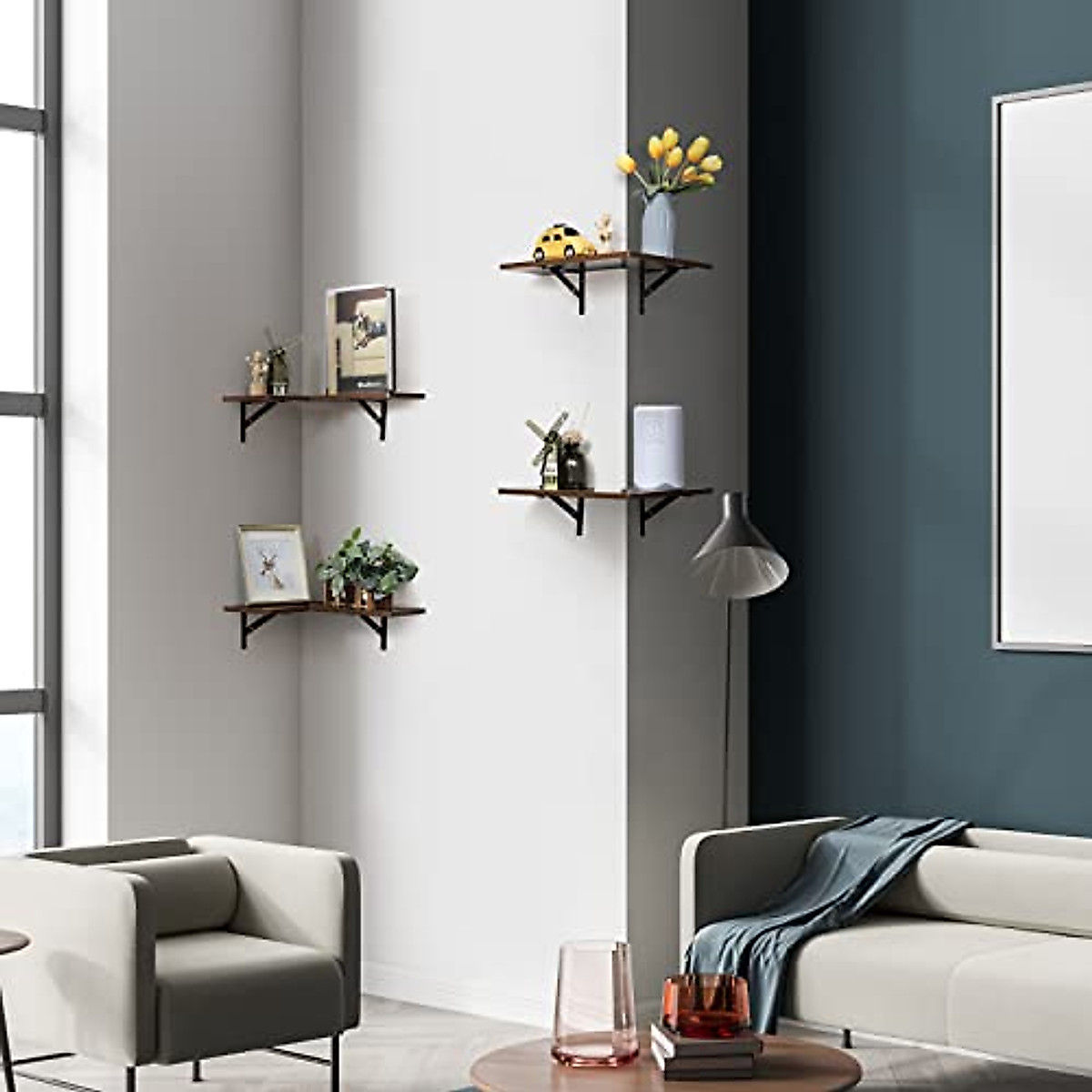 LIANTRAL Corner Floating Shelves, Set of 4 Wall Shelves, Wood Display Storage Shelves for Wall Decor, Bathroom, Kitchen, Bedroom, Living Room, Office