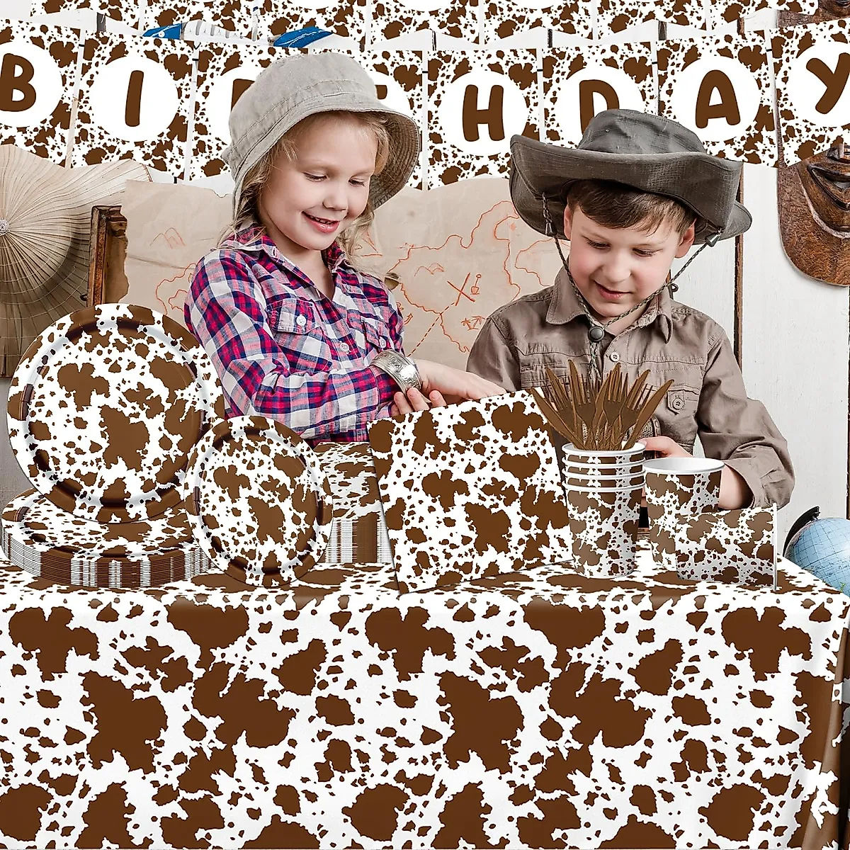 Highland Cow Decorations, 142Pcs Cow Print Plates and Napkins Party Supplies, Brown Cow Birthday Party Decorations Tableware Cups Tablecloth for Cow Baby Shower Farm Cowboy Theme Party
