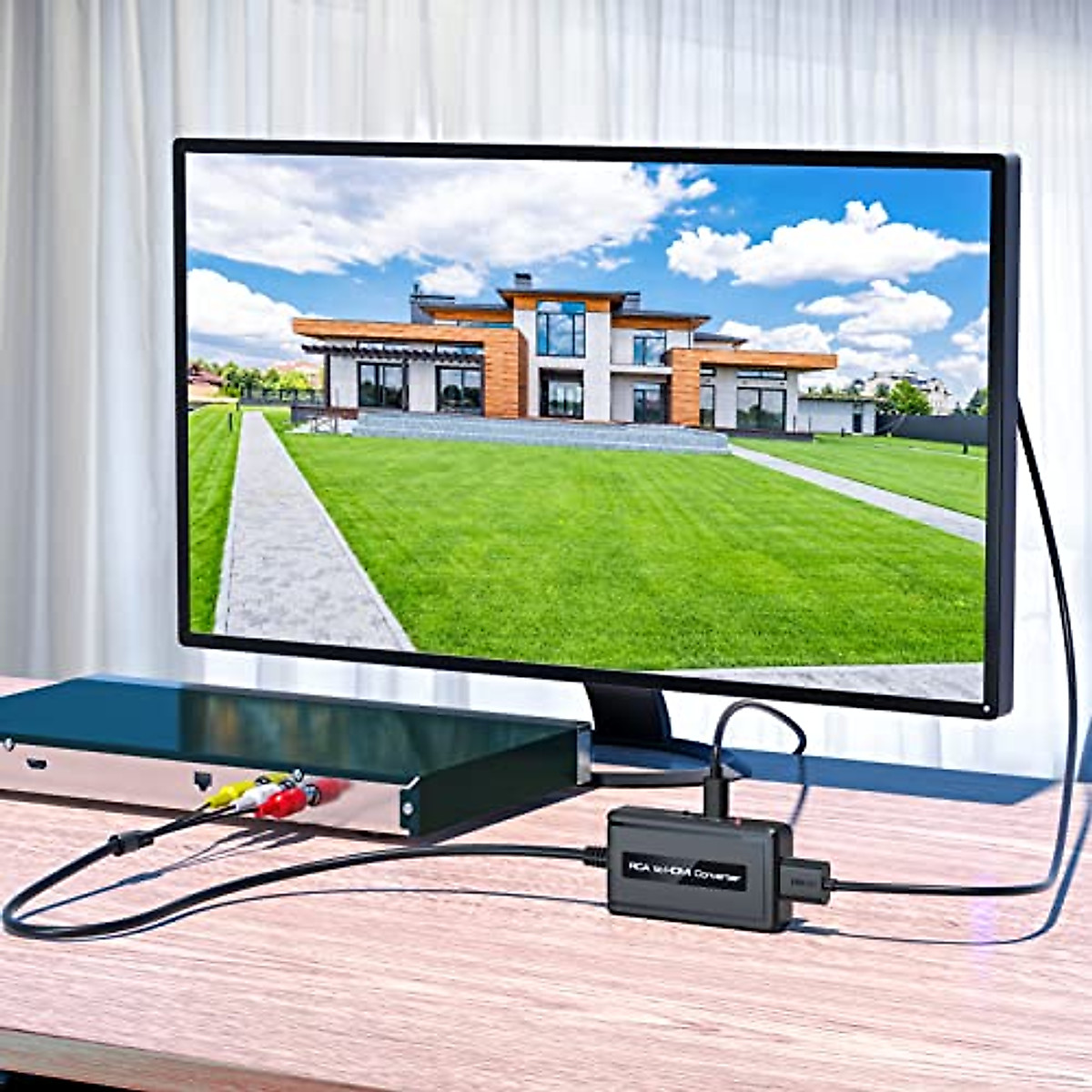 Male RCA to HDMI Converter with HDMI Cable for DVD/STB/VHS with Female RCA Output(RCA Cable Integrated), CVBS AV Composite to HDMI Converter Supports Full HD 720P/1080P Output Switch