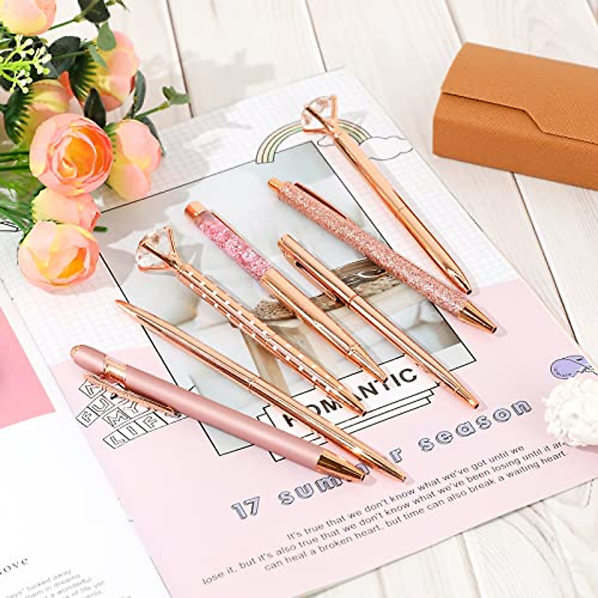 Vin Beauty 7 Pcs Rose Gold Ballpoint Pen Set Metal Crystal Diamond Pen Liquid Sand Glitter Ballpoint Pens Black Ink Retractable Pen Gifts for Wedding Office School Desk Supplies