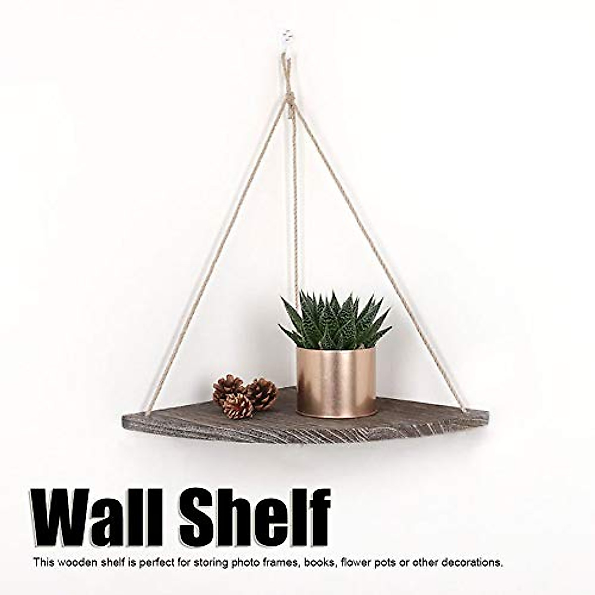 Ymiko Wall Hanging Wooden Display Corner Shelf Fan‑Shaped Floating Shelves Storage Rack with Hemp Rope for Home Decoration Photo Display (Antique)