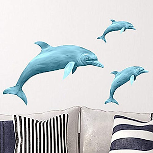 Amaonm Removable 3 Pcs Jumping Blue Dolphin Wall Decals DIY Wall Stickers 3D Nursery Art Decor Peel Stick Decoration Decal for Girls Bedroom Kids Bathroom Living Room Window Door Sticker Murals