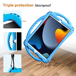 TopEsct Kids Case for iPad 10.2 inch - Shockproof Silicone Cover with Tempered Glass Screen Protector and Strap - Compatible with iPad 9th/8th/7th Gen (2021)"(Blue)