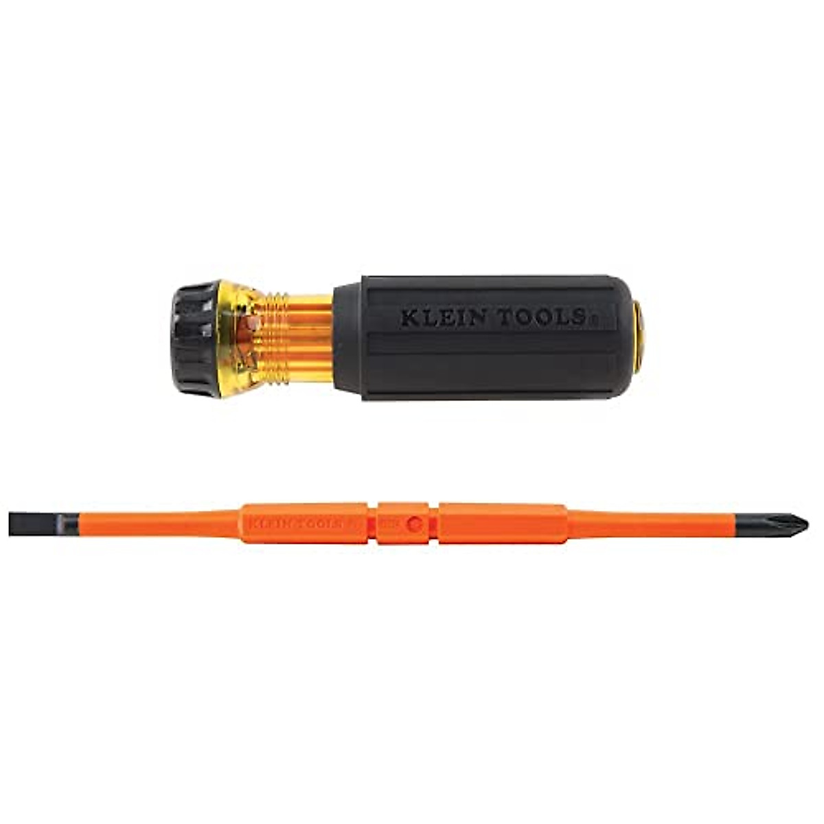 Klein Tools 32293 Insulated Screwdriver, 2-in-1 Screwdriver Set with Flip Blade, #2 Phillips and1/4-Inch Slotted Tips, Double-Ended Blades