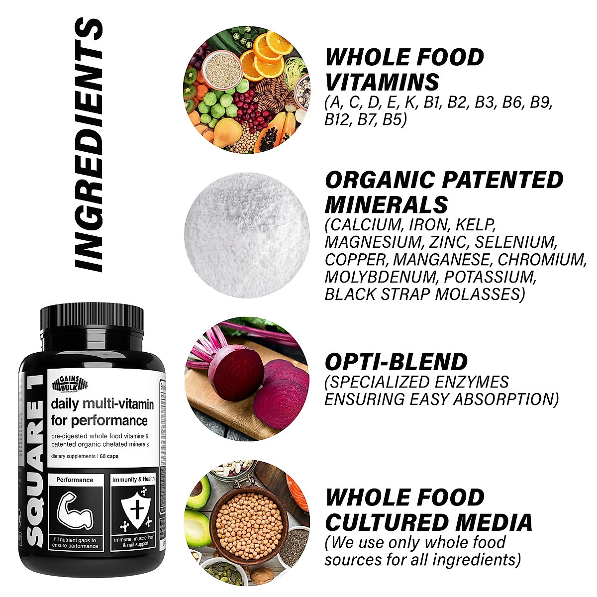 Gains in Bulk Square 1 - Whole Food Complete Daily Multi-Vitamin and Mineral Supplement to Fill Nutrient Gaps & optimize Performance | 60 Capsules