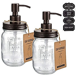 Amolliar 4PCS & 2pcs Bronze Mason Jar Bathroom Accessories Set-3pcs Lotion Soap Dispenser & 2pcs Cotton Swab Holder &1pcs Toothbrush Holder,Waterproof Stickers,Rustic Farmhouse Decor