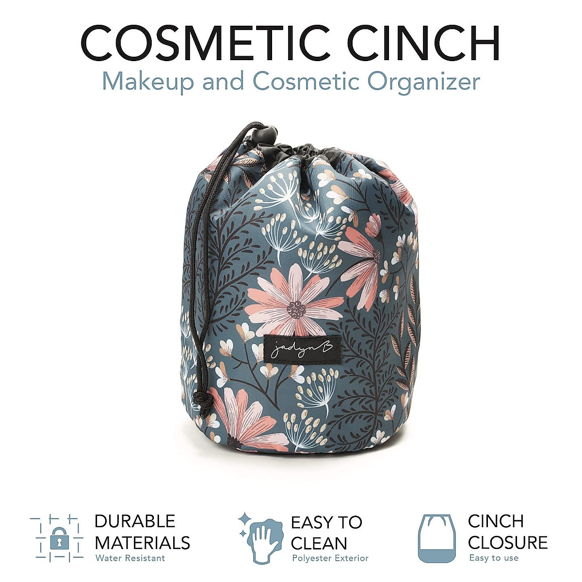 Jadyn Durable Cinch Top Makeup Organizer - Compact Travel Makeup Bag - 7 Interior Pockets for Cosmetics - Drawstring Toiletry Travel Bag for Women - 6L Storage Capacity - (Navy Floral)