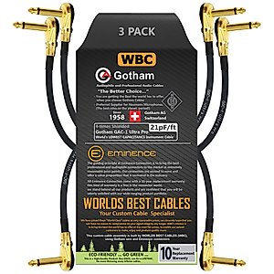 WORLDS BEST CABLES 3 Units - 10 Inch - Gotham GAC-1 Ultra Pro - Low-Cap (21pF/ft) Guitar Bass Effects Instrument, Patch Cable & Gold (6.35mm) Low-Profile R/A Pancake Type Connectors - Custom Made