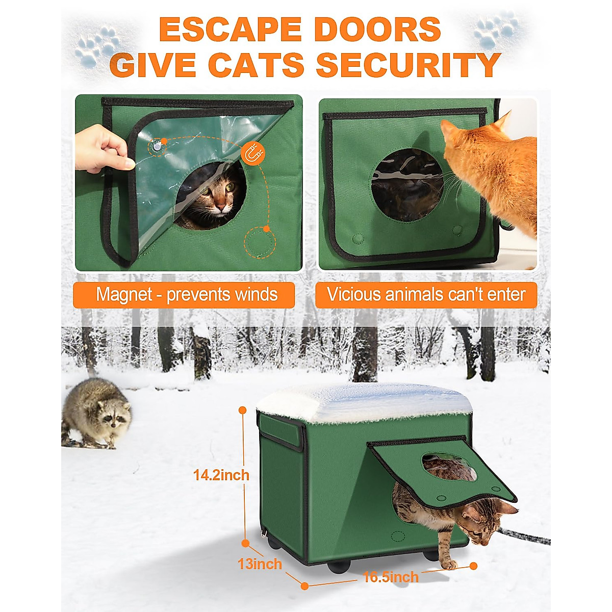 Heated Cat House for Outdoor Cat in Winter, Weatherproof Heated Cat Bed Kitty Shelter with Cat Heating Pad, Waterproof & Insulated & Safe Escape Door, Warm Home for Outside Barn Feral Stray Cat