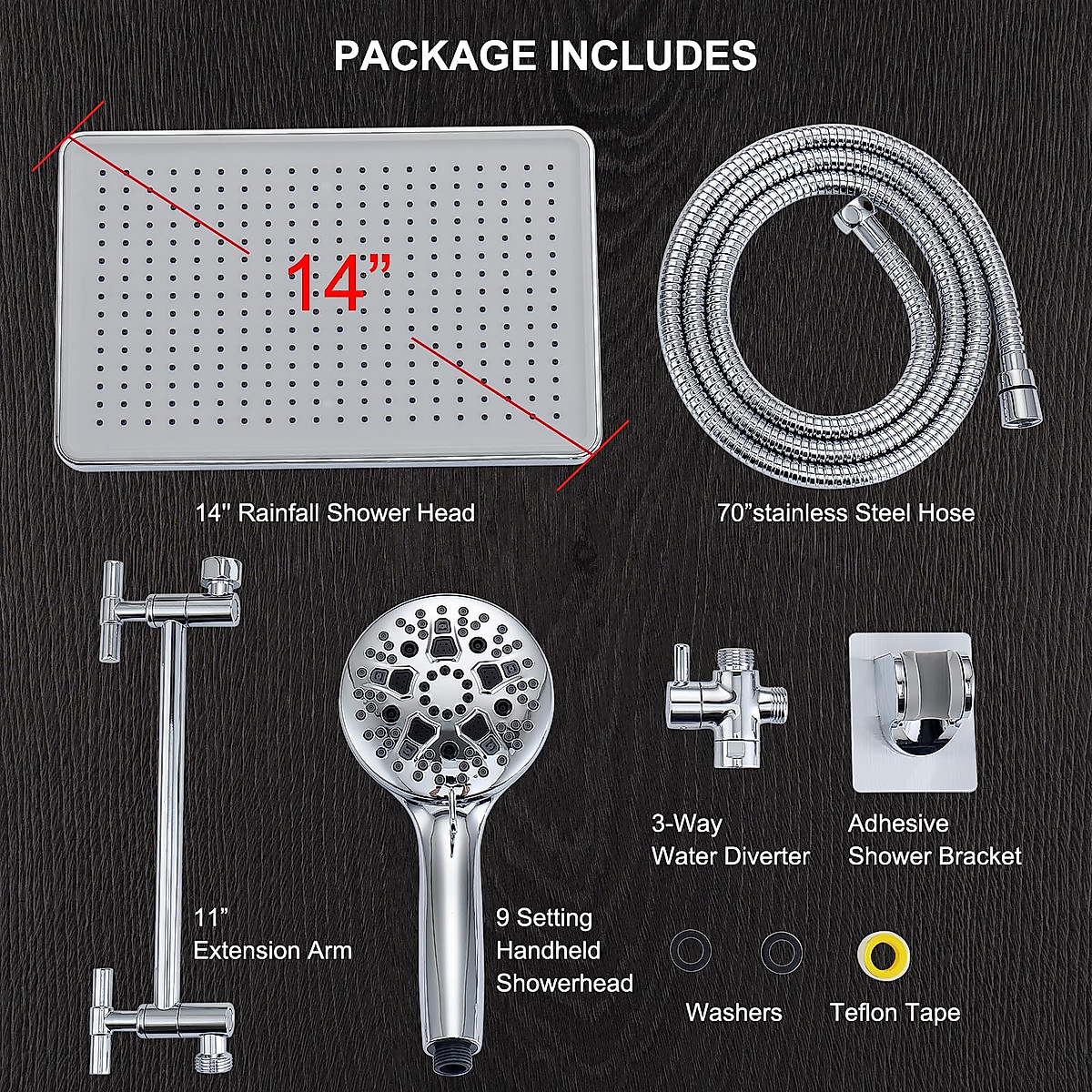 BSTKEECL 14”High Pressure Rain Shower Heads with Handheld Spray with Long Hoes Combo Rainfall Showerhead with 9Shower Water Sprayer Modes & Adjustable Extension Arm CP