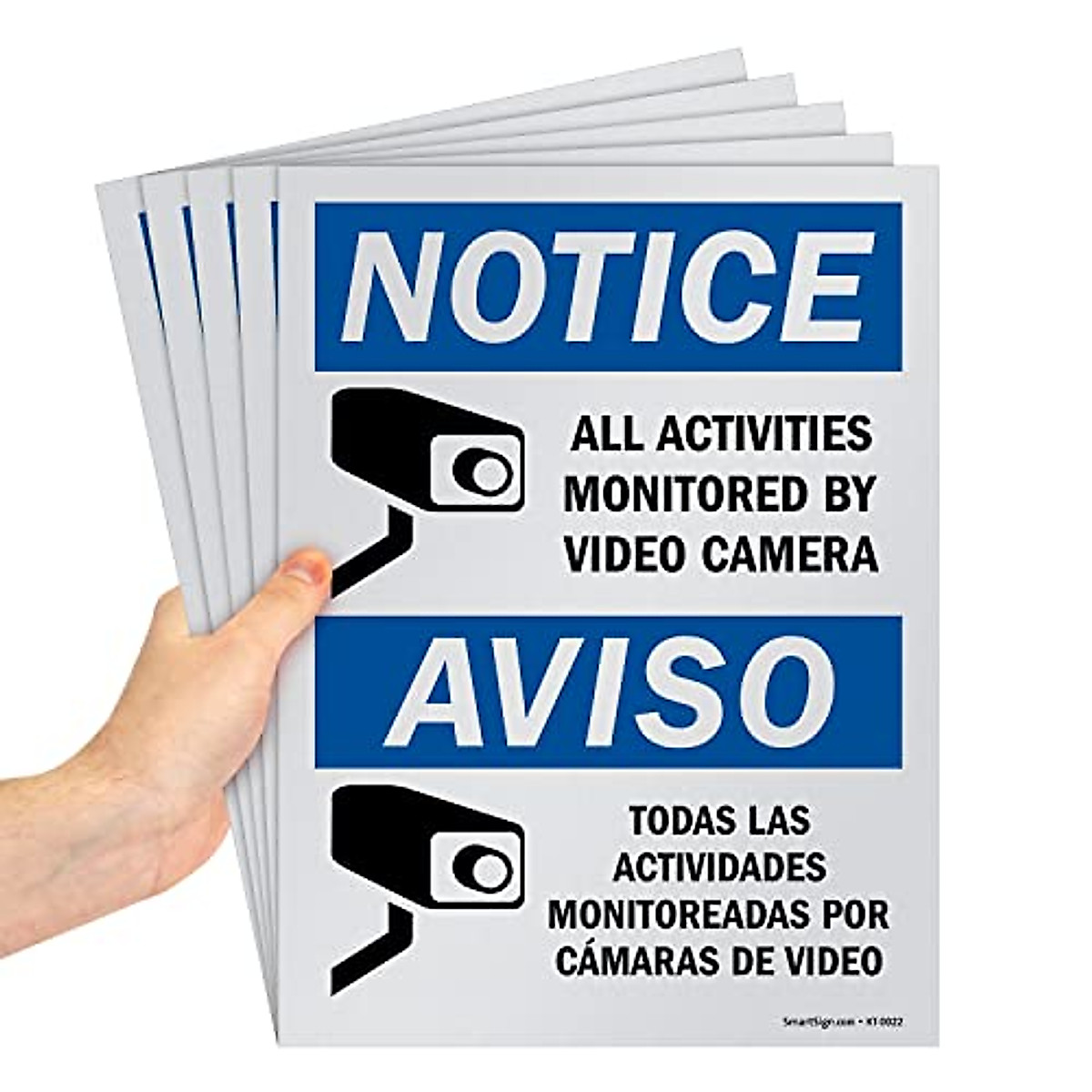 SmartSign (Pack of 5) 12 x 9 inch “Notice - All Activities Monitored By Video Camera” Bilingual Sign, Screen Printed, 10 mil Polystyrene Plastic, Blue/Black on White