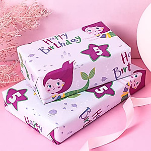 WRAPAHOLIC 5th Birthday Wrapping Paper - Mini Roll - 17 Inch X 16.5 Feet - Adorable Mermaid and Happy Birthday Lettering Design for Party, Baby Shower